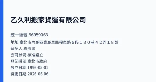 乙久利搬家貨運有限公司的照片-統編 96959063(臺北市) 公司登記資料與營業項目詳細圖表