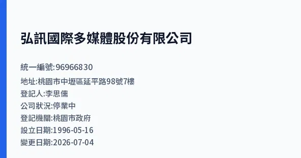 弘訊國際多媒體股份有限公司的照片-統編 96966830(桃園市) 公司登記資料與營業項目詳細圖表