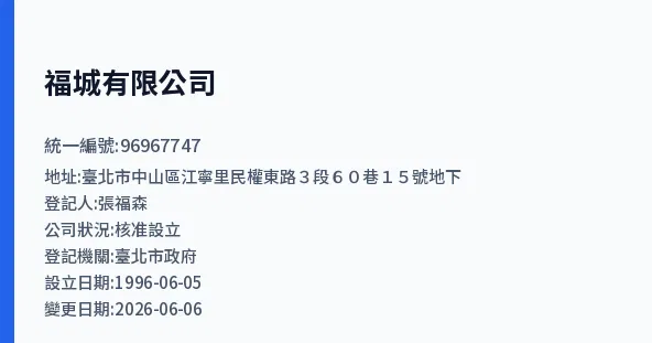 福城有限公司的照片-統編 96967747(臺北市) 公司登記資料與營業項目詳細圖表