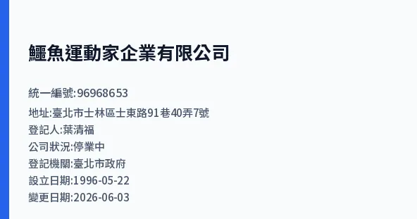 鱷魚運動家企業有限公司的照片-統編 96968653(臺北市) 公司登記資料與營業項目詳細圖表