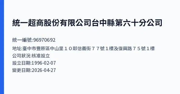 統一超商股份有限公司台中縣第六十分公司的照片-統編 96970692(臺中市) 公司登記資料與營業項目詳細圖表