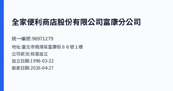 全家便利商店股份有限公司富康分公司的照片-統編 96971279(臺北市) 公司登記資料與營業項目詳細圖表