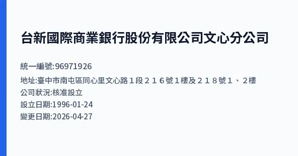 台新國際商業銀行股份有限公司文心分公司的照片-統編 96971926(臺中市) 公司登記資料與營業項目詳細圖表