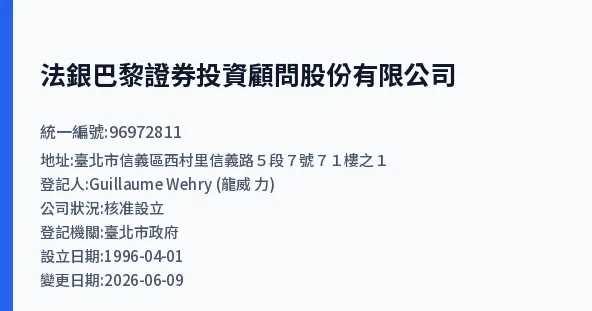 法銀巴黎證券投資顧問股份有限公司的照片-統編 96972811(臺北市) 公司登記資料與營業項目詳細圖表