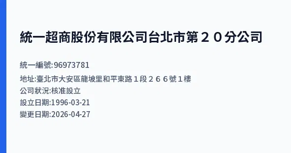 統一超商股份有限公司台北市第20分公司的照片-統編 96973781(臺北市) 公司登記資料與營業項目詳細圖表