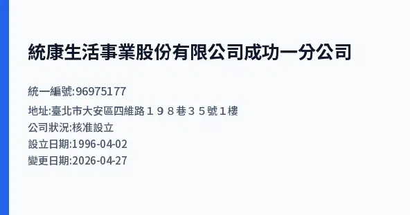 統康生活事業股份有限公司成功一分公司的照片-統編 96975177(臺北市) 公司登記資料與營業項目詳細圖表