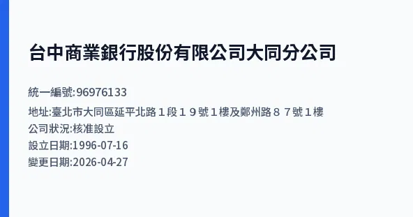 台中商業銀行股份有限公司大同分公司的照片-統編 96976133(臺北市) 公司登記資料與營業項目詳細圖表