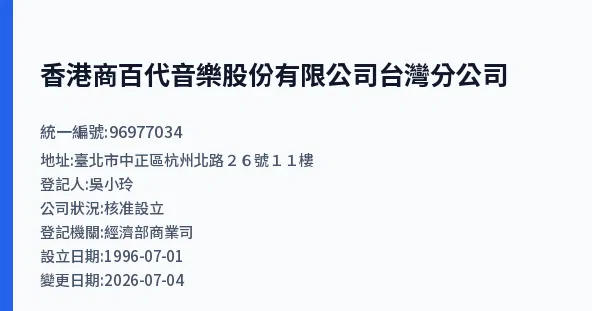 香港商百代音樂股份有限公司台灣分公司的照片-統編 96977034(臺北市) 公司登記資料與營業項目詳細圖表