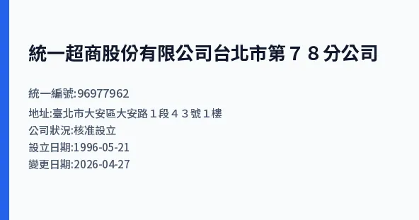 統一超商股份有限公司台北市第78分公司的照片-統編 96977962(臺北市) 公司登記資料與營業項目詳細圖表