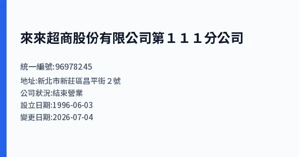 來來超商股份有限公司第111分公司的照片-統編 96978245(新北市) 公司登記資料與營業項目詳細圖表