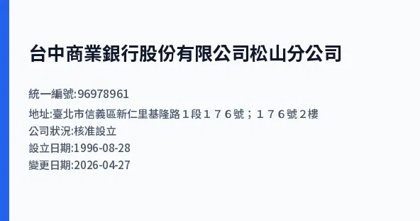 台中商業銀行股份有限公司松山分公司的照片-統編 96978961(臺北市) 公司登記資料與營業項目詳細圖表