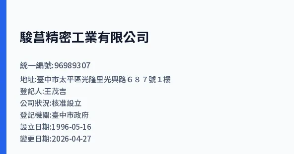 駿菖精密工業有限公司的照片-統編 96989307(臺中市) 公司登記資料與營業項目詳細圖表