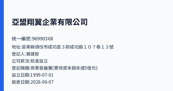 亞盟翔翼企業有限公司的照片-統編 96990368(苗栗縣) 公司登記資料與營業項目詳細圖表