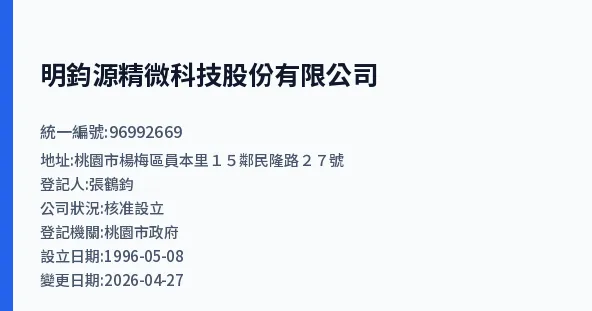 明鈞源精微科技股份有限公司的照片-統編 96992669(桃園市) 公司登記資料與營業項目詳細圖表