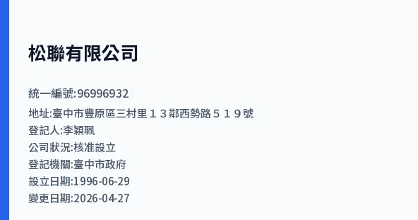 松聯有限公司的照片-統編 96996932(臺中市) 公司登記資料與營業項目詳細圖表