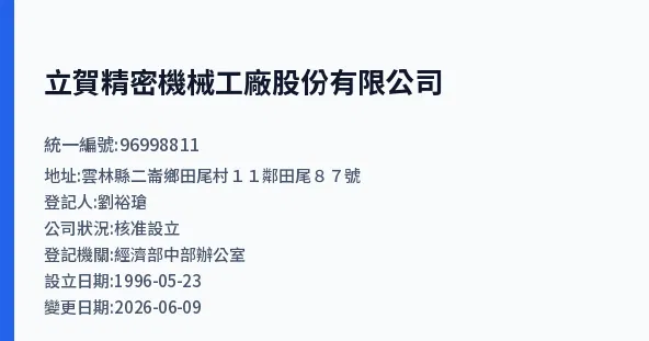 立賀精密機械工廠股份有限公司的照片-統編 96998811(雲林縣) 公司登記資料與營業項目詳細圖表