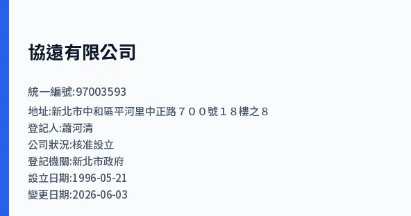 協遠有限公司的照片-統編 97003593(新北市) 公司登記資料與營業項目詳細圖表