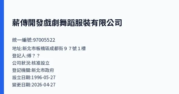 薪傳開發戲劇舞蹈服裝有限公司的照片-統編 97005522(新北市) 公司登記資料與營業項目詳細圖表