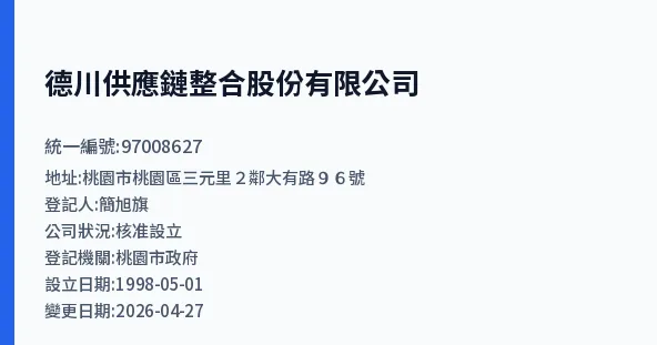 德川供應鏈整合股份有限公司的照片-統編 97008627(桃園市) 公司登記資料與營業項目詳細圖表
