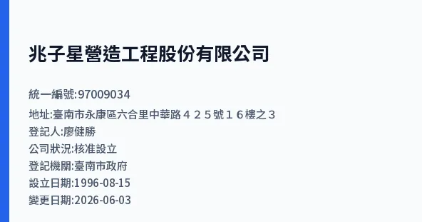 兆子星營造工程股份有限公司的照片-統編 97009034(臺南市) 公司登記資料與營業項目詳細圖表
