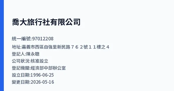 喬大旅行社有限公司的照片-統編 97012208(嘉義市) 公司登記資料與營業項目詳細圖表