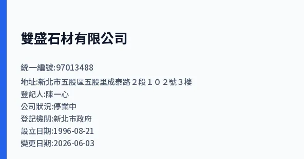 雙盛石材有限公司的照片-統編 97013488(新北市) 公司登記資料與營業項目詳細圖表