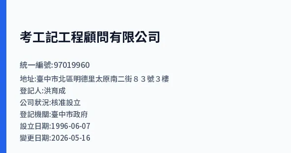 考工記工程顧問有限公司的照片-統編 97019960(臺中市) 公司登記資料與營業項目詳細圖表