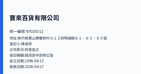寶來百貨有限公司的照片-統編 97020312(新竹縣) 公司登記資料與營業項目詳細圖表