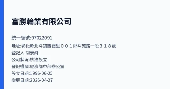 富勝輪業有限公司的照片-統編 97022091(彰化縣) 公司登記資料與營業項目詳細圖表