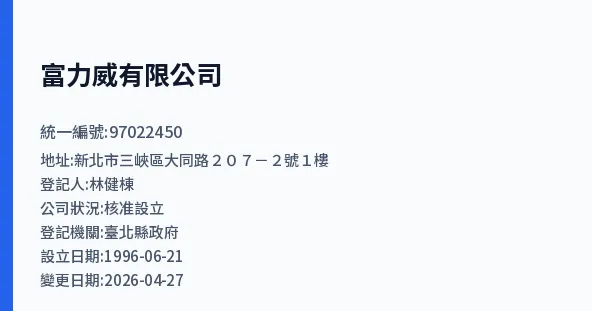 富力威有限公司的照片-統編 97022450(新北市) 公司登記資料與營業項目詳細圖表