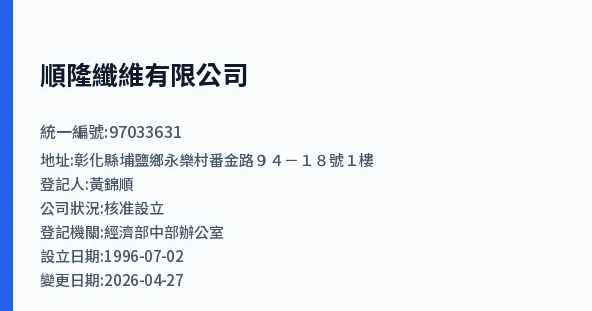 順隆纖維有限公司的照片-統編 97033631(彰化縣) 公司登記資料與營業項目詳細圖表