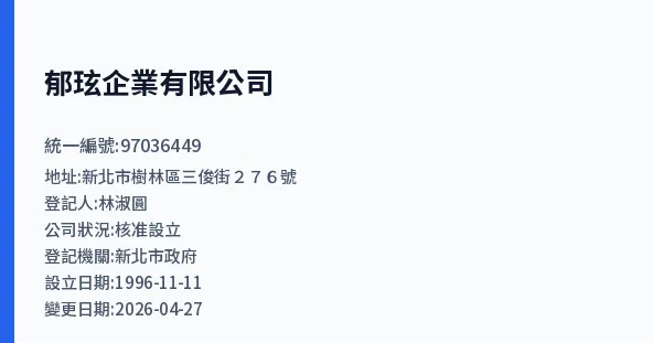 郁玹企業有限公司的照片-統編 97036449(新北市) 公司登記資料與營業項目詳細圖表