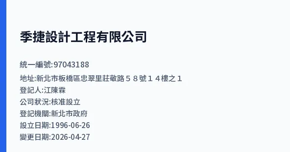 季捷設計工程有限公司的照片-統編 97043188(新北市) 公司登記資料與營業項目詳細圖表