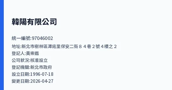 韓陽有限公司的照片-統編 97046002(新北市) 公司登記資料與營業項目詳細圖表