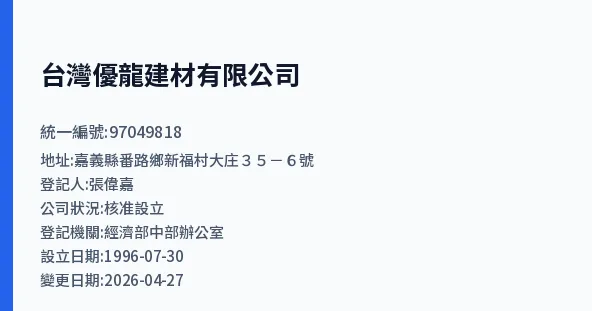 台灣優龍建材有限公司的照片-統編 97049818(嘉義縣) 公司登記資料與營業項目詳細圖表
