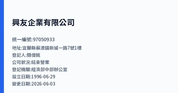興友企業有限公司的照片-統編 97050933(宜蘭縣) 公司登記資料與營業項目詳細圖表