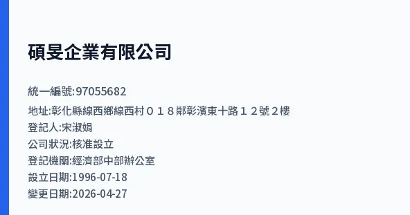 碩旻企業有限公司的照片-統編 97055682(彰化縣) 公司登記資料與營業項目詳細圖表