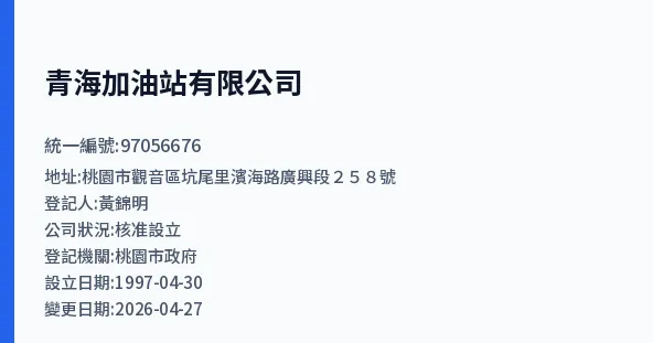 青海加油站有限公司的照片-統編 97056676(桃園市) 公司登記資料與營業項目詳細圖表
