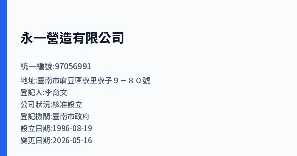 永一營造有限公司的照片-統編 97056991(臺南市) 公司登記資料與營業項目詳細圖表