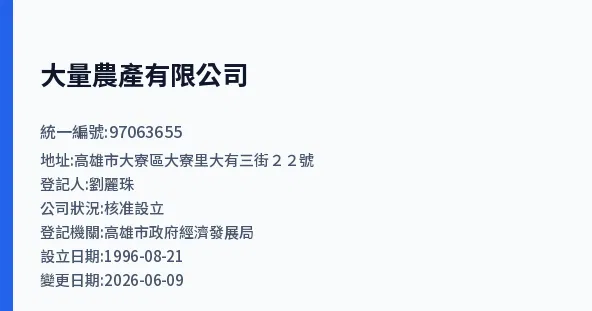 大量農產有限公司的照片-統編 97063655(高雄市) 公司登記資料與營業項目詳細圖表