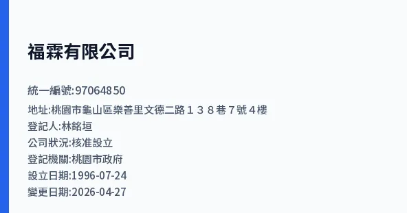 福霖有限公司的照片-統編 97064850(桃園市) 公司登記資料與營業項目詳細圖表