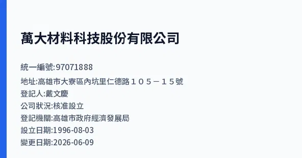 萬大材料科技股份有限公司的照片-統編 97071888(高雄市) 公司登記資料與營業項目詳細圖表