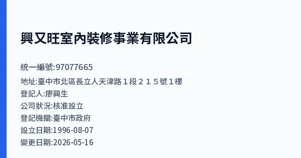 興又旺室內裝修事業有限公司的照片-統編 97077665(臺中市) 公司登記資料與營業項目詳細圖表