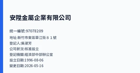 安陞金屬企業有限公司的照片-統編 97078209(新竹市) 公司登記資料與營業項目詳細圖表