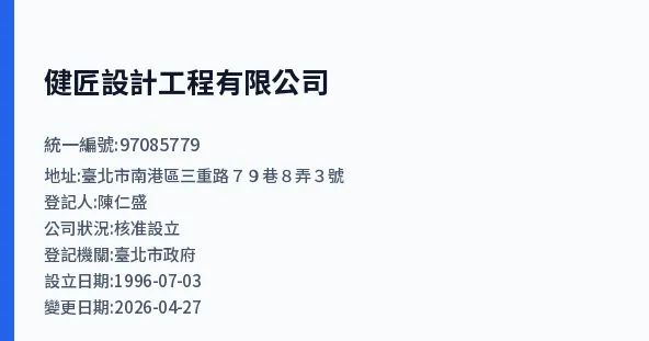 健匠設計工程有限公司的照片-統編 97085779(臺北市) 公司登記資料與營業項目詳細圖表