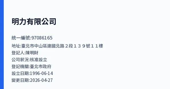 明力有限公司的照片-統編 97086165(臺北市) 公司登記資料與營業項目詳細圖表