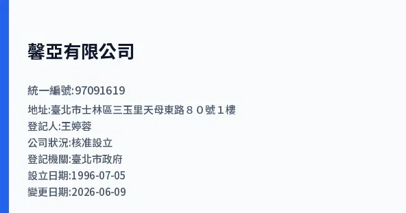 馨亞有限公司的照片-統編 97091619(臺北市) 公司登記資料與營業項目詳細圖表