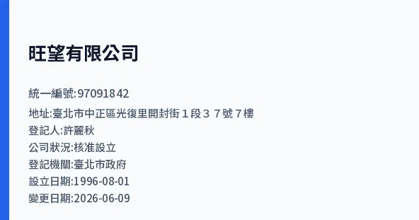 旺望有限公司的照片-統編 97091842(臺北市) 公司登記資料與營業項目詳細圖表