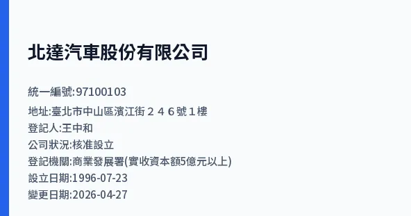 北達汽車股份有限公司的照片-統編 97100103(臺北市) 公司登記資料與營業項目詳細圖表