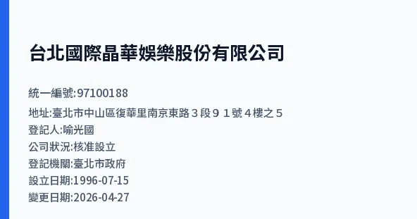 台北國際晶華娛樂股份有限公司的照片-統編 97100188(臺北市) 公司登記資料與營業項目詳細圖表